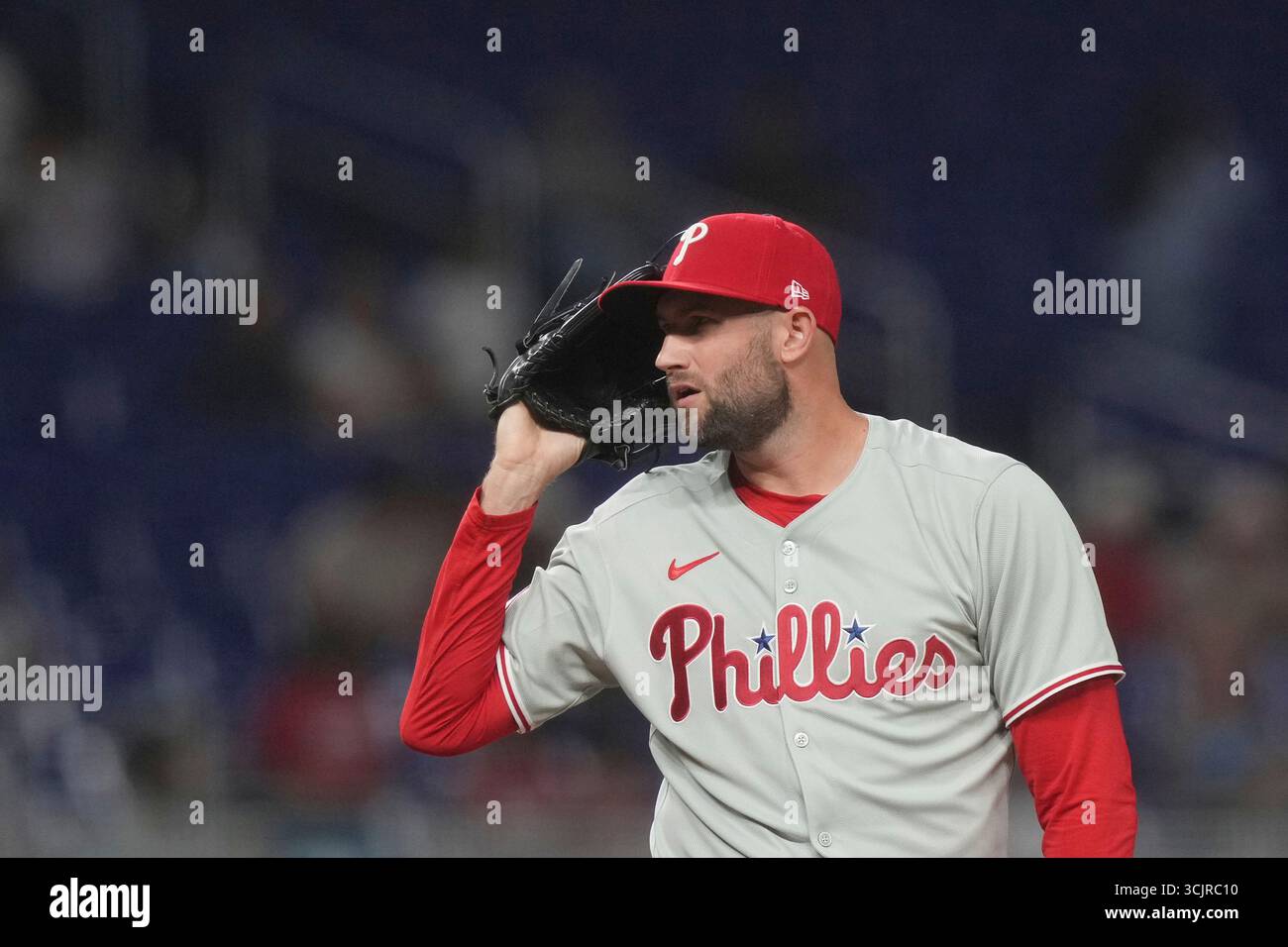 Philadelphia Phillies pitcher Tim Mayza looks at the pitcher during a ...