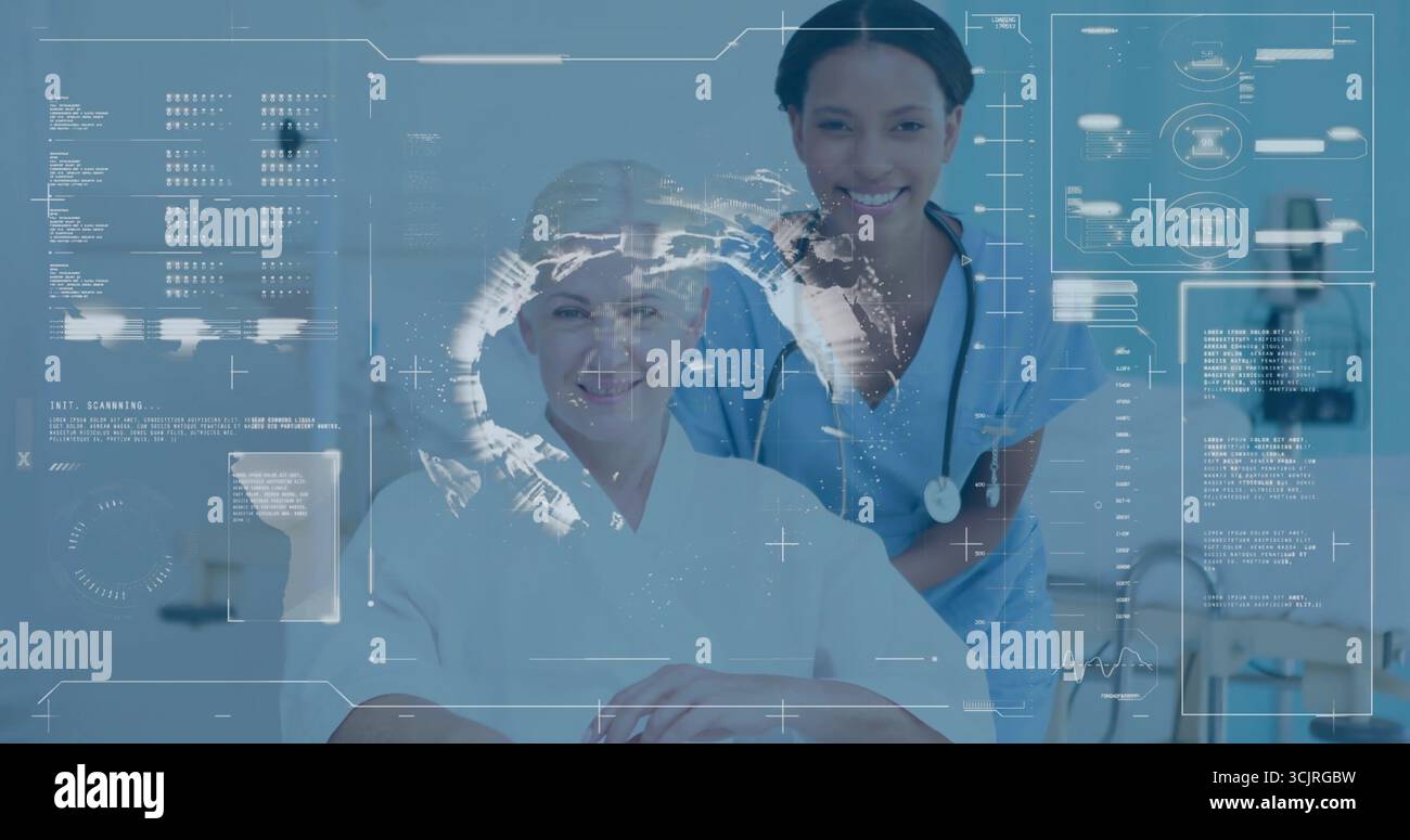 Patient wearing gown and nurse wearing scrubs viewing holographic ...