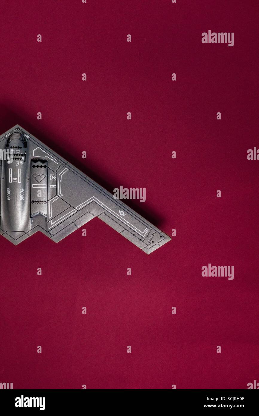 Top view of a B2 Spirit stealth bomber scale model displayed on a ...