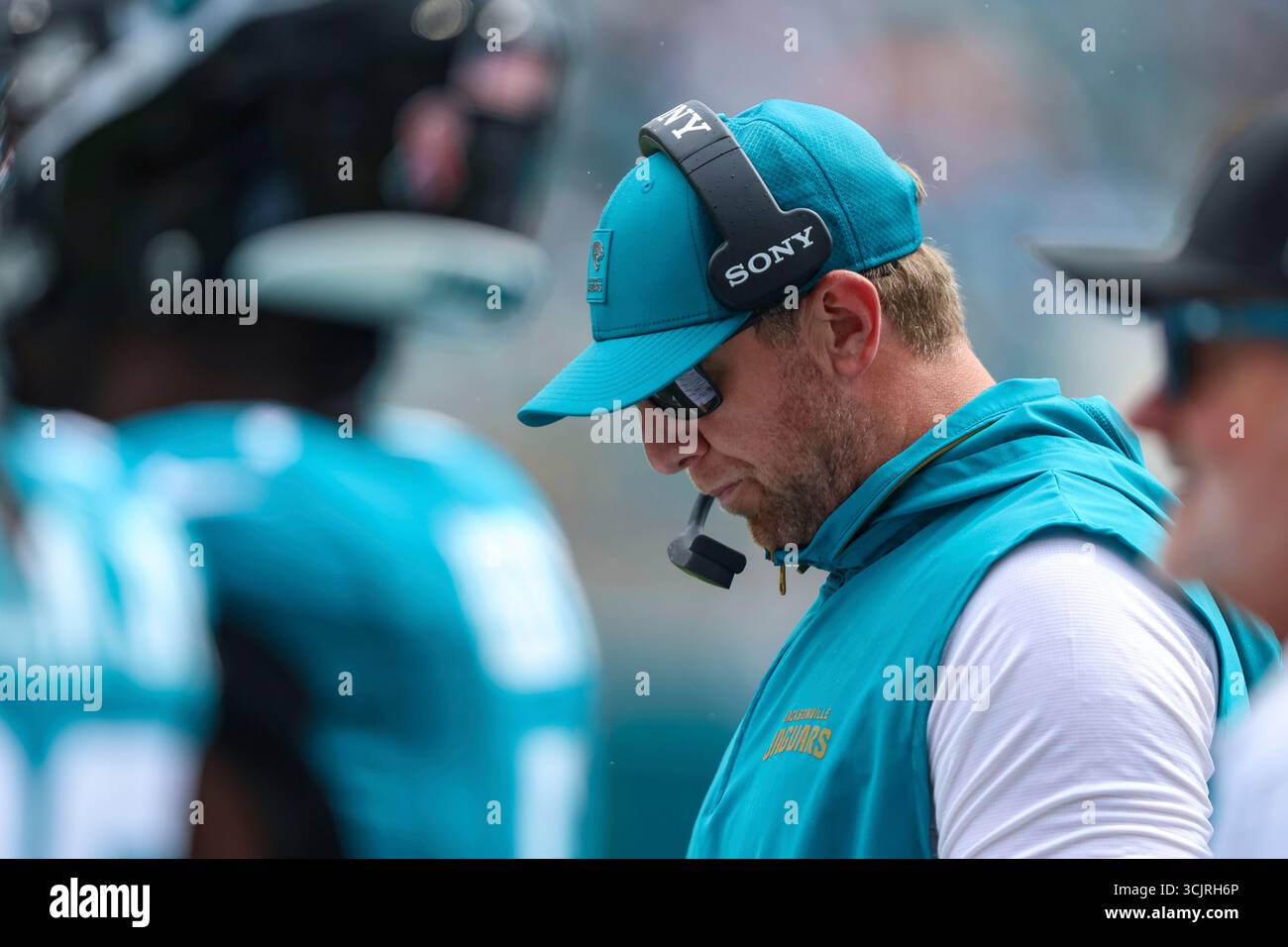 Jacksonville Jaguars head coach Liam Coen walks the sideline during an ...