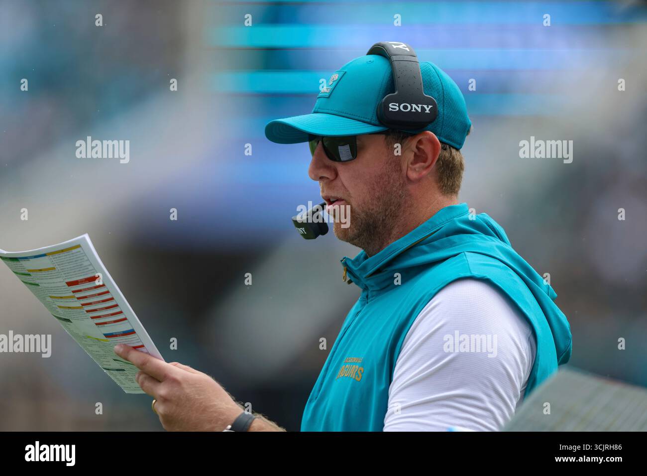Jacksonville Jaguars head coach Liam Coen walks the sideline during an ...