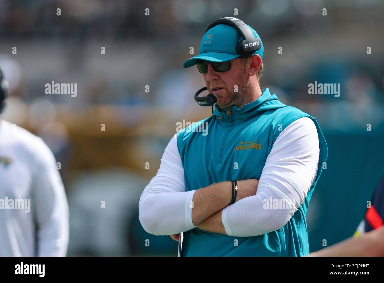 Jacksonville Jaguars head coach Liam Coen walks the sideline during an ...