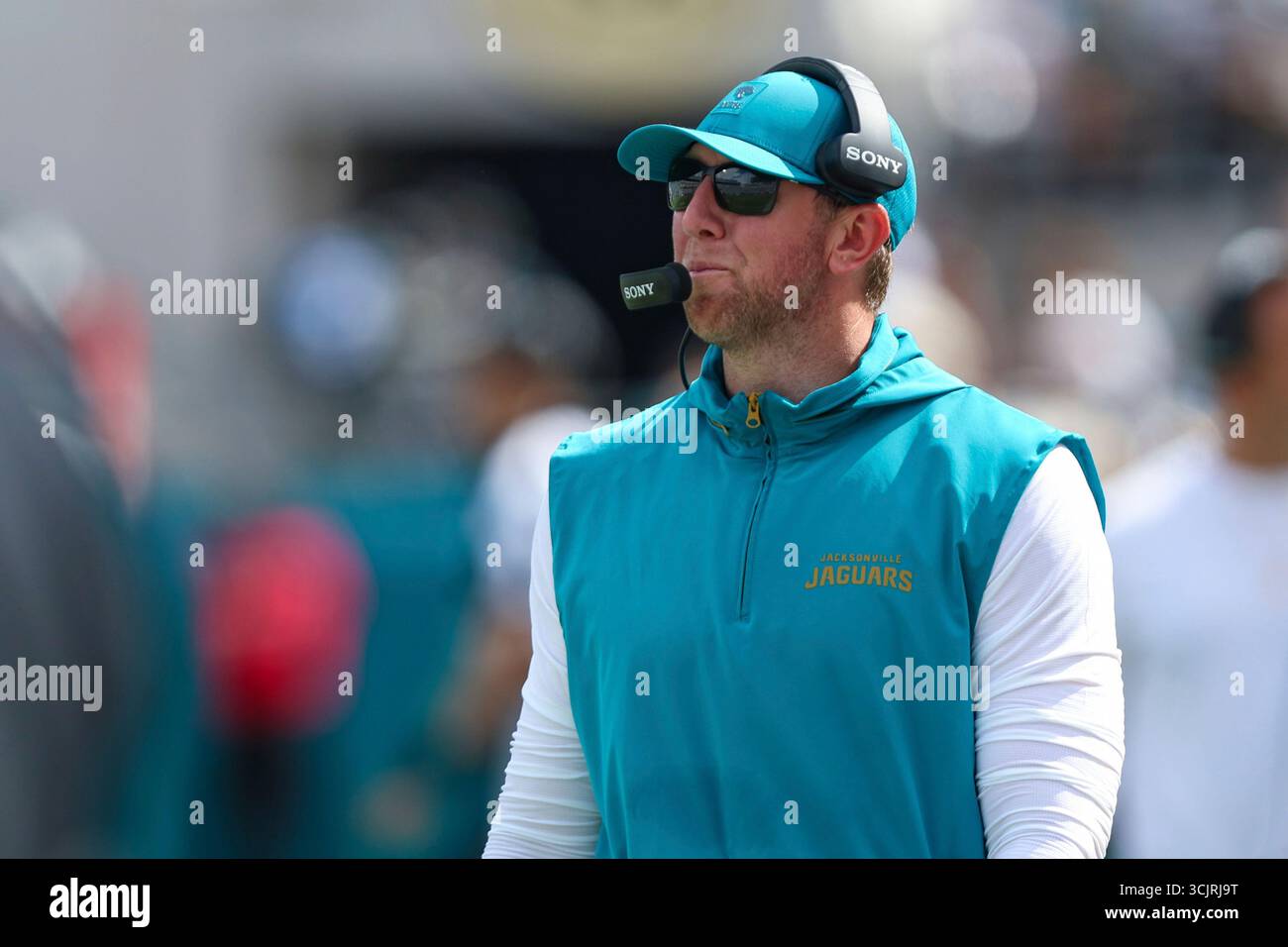 Jacksonville Jaguars head coach Liam Coen walks the sideline during an ...