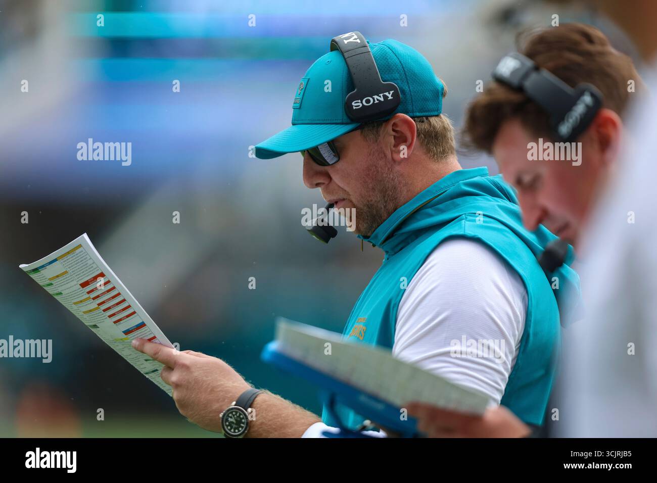 Jacksonville Jaguars head coach Liam Coen walks the sideline during an ...