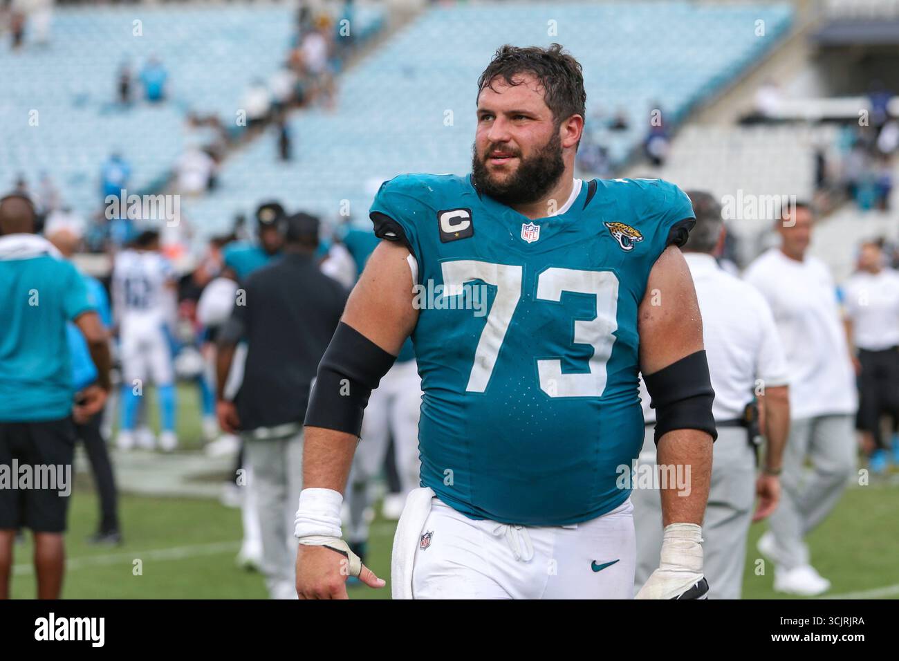 Jacksonville Jaguars center Robert Hainsey (73) leaves the field after ...