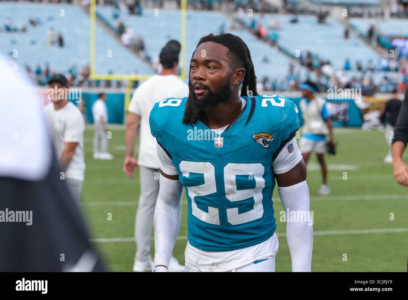 Jacksonville Jaguars safety Eric Murray (29) leaves the field after an ...