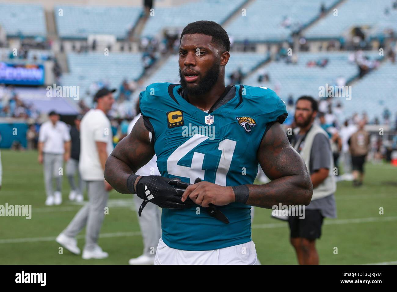 Jacksonville Jaguars defensive end Josh Hines-Allen (41) leaves the ...