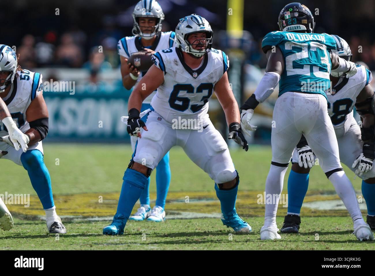Carolina Panthers center Austin Corbett (63) in action during an NFL ...
