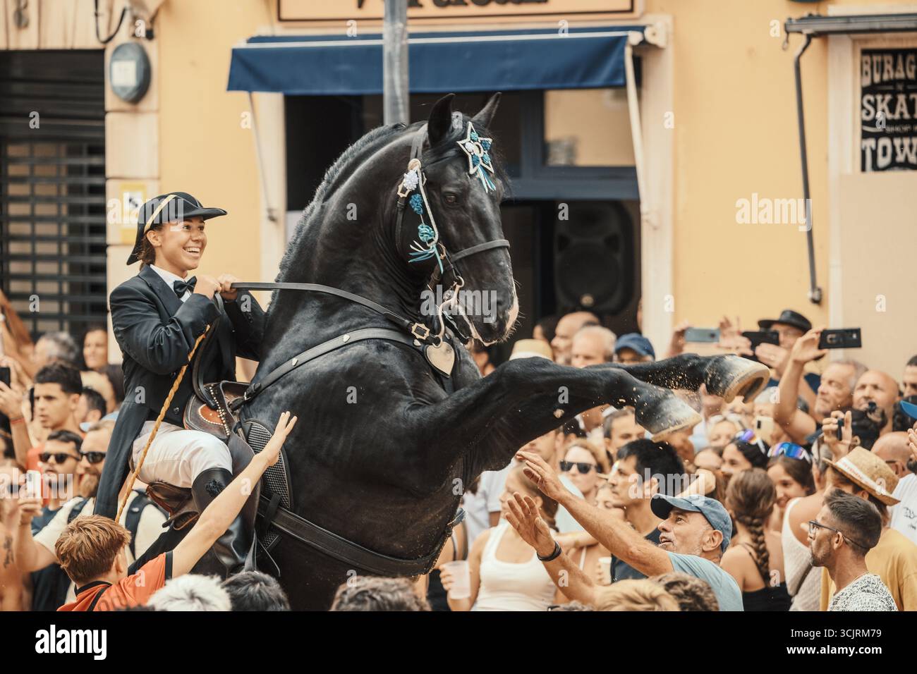 Mahon, Spain. 8 September, 2025: A 'caixer' (horse rider) rears up on ...