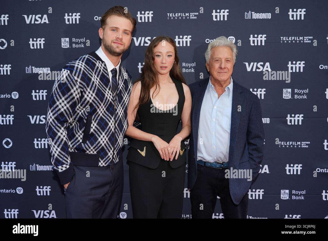 Leo Woodall, from left, Havana Rose Liu, and Dustin Hoffman attend the ...
