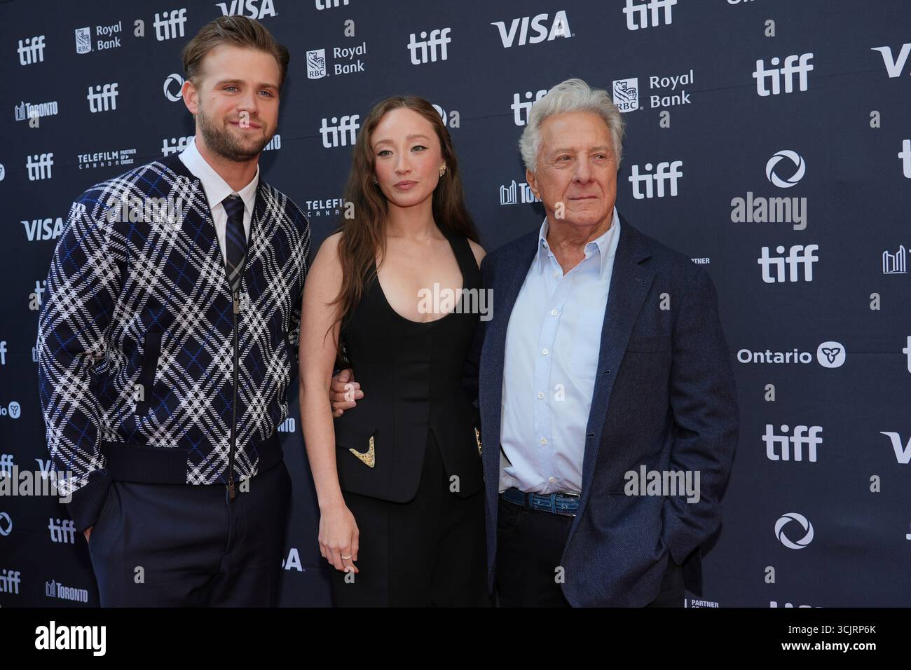 Leo Woodall, from left, Havana Rose Liu, and Dustin Hoffman attend the ...