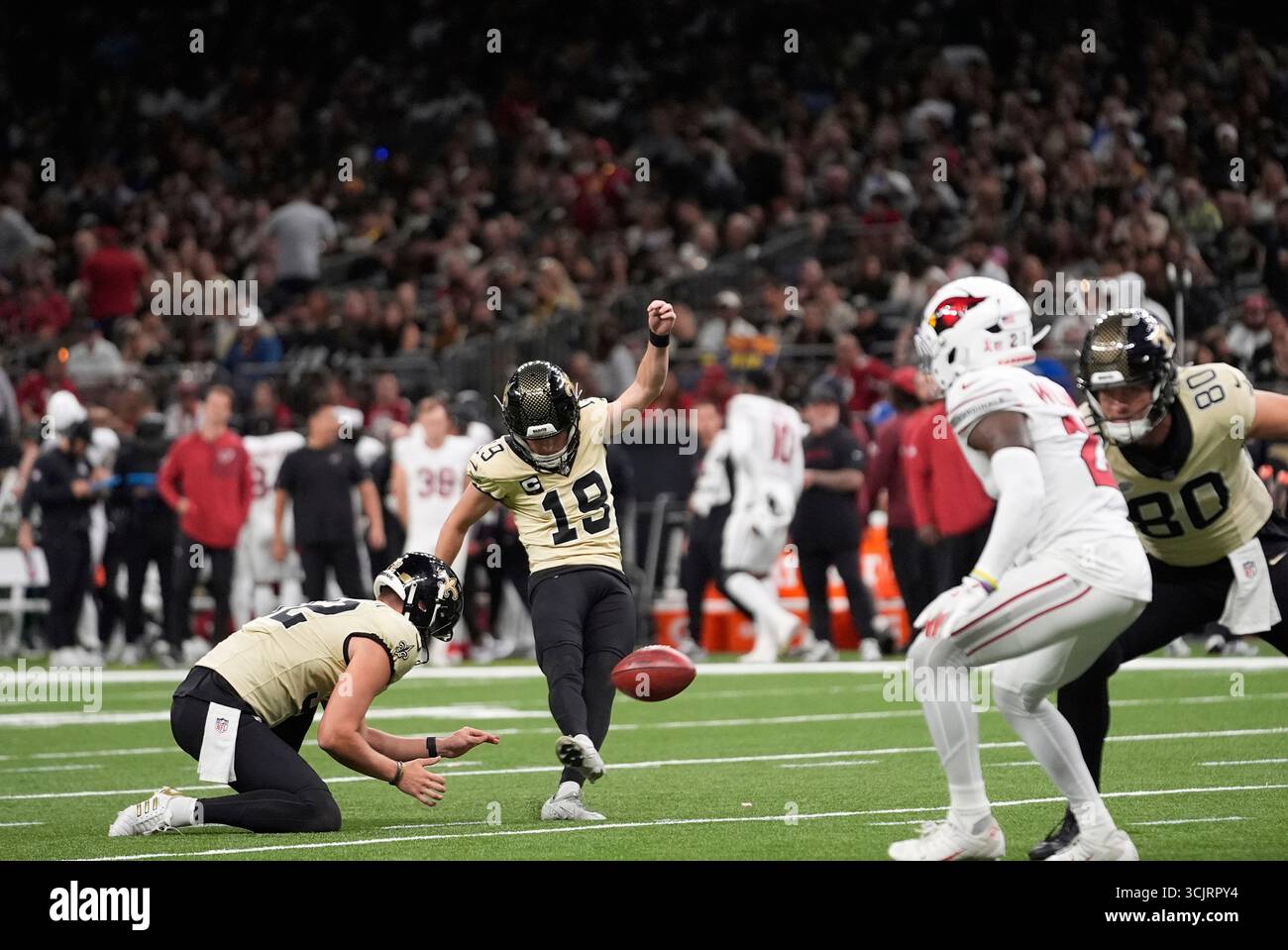 New Orleans Saints place kicker Blake Grupe (19) kicks a field goal in ...