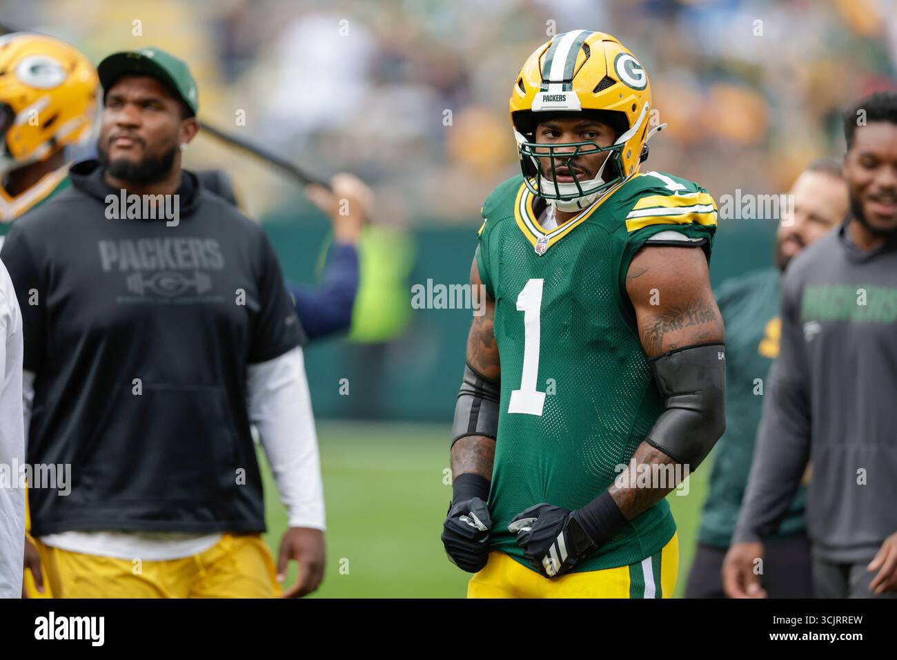 Green Bay Packers defensive end Micah Parsons (1) watches teammates ...