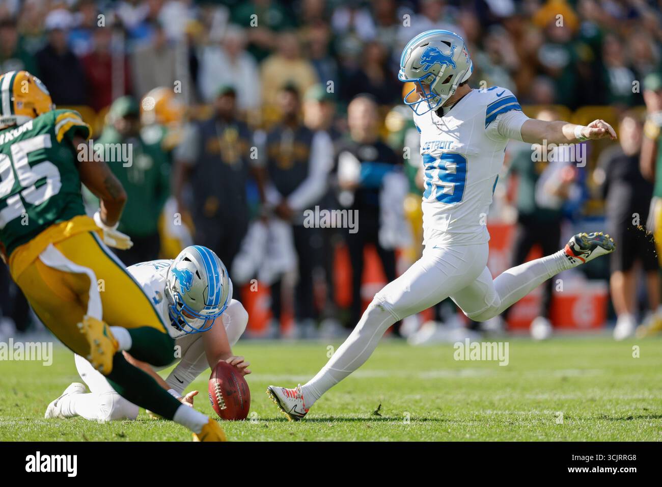 Detroit Lions place kicker Jake Bates (39) kicks a field goal during an ...
