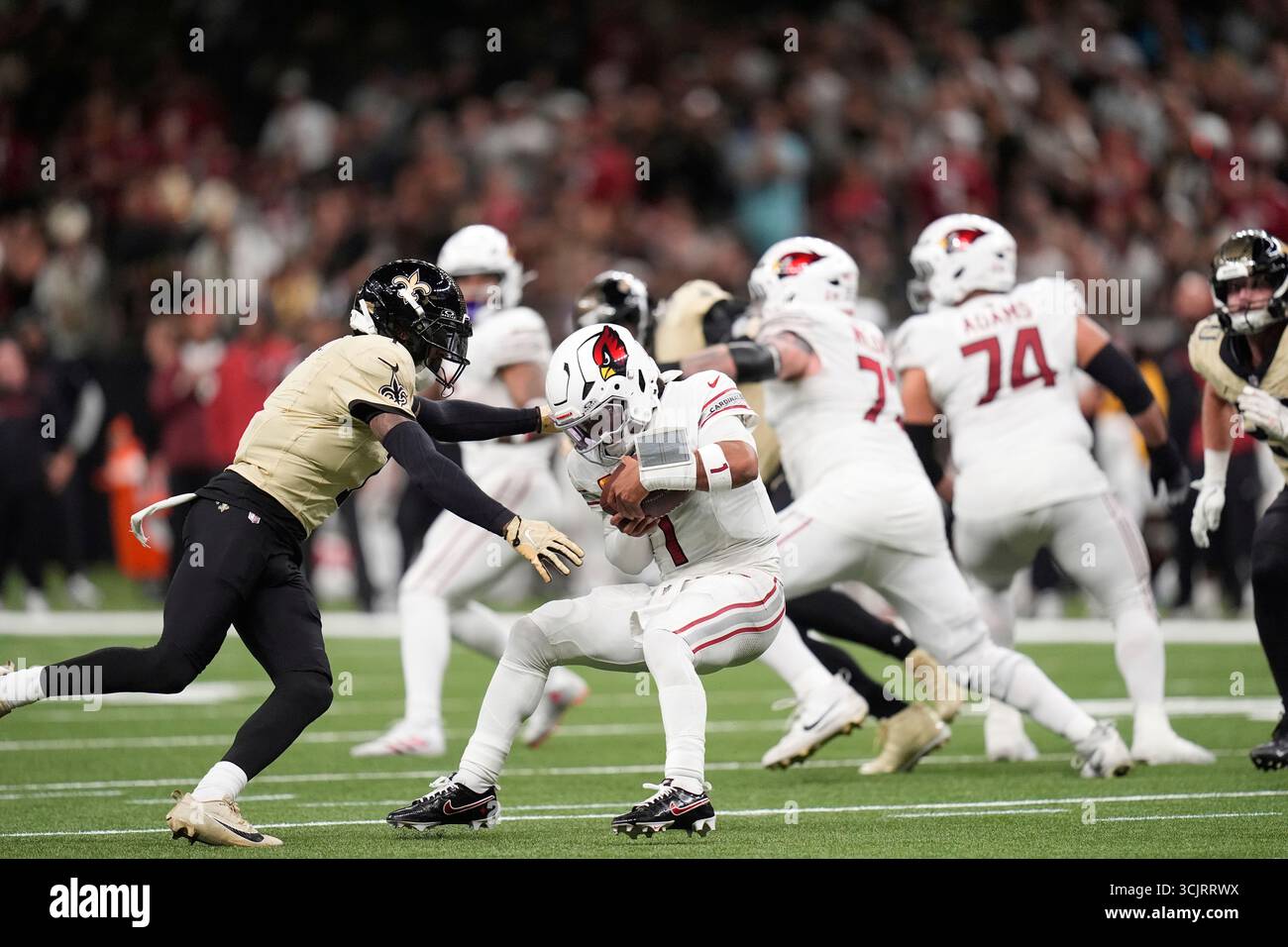 Arizona Cardinals quarterback Kyler Murray (1) is sacked by New Orleans ...