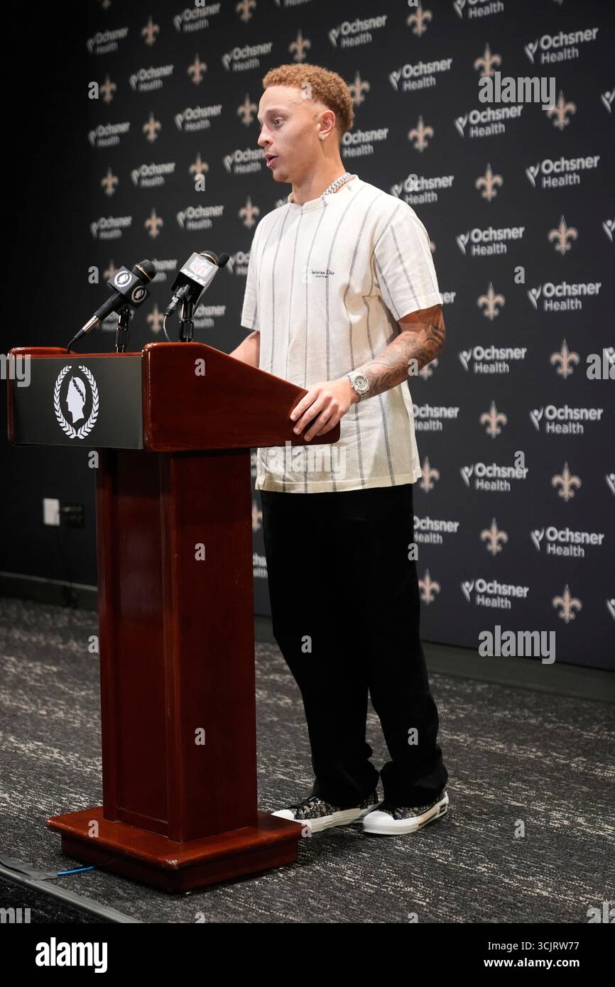 New Orleans Saints quarterback Spencer Rattler talks to reporters after ...