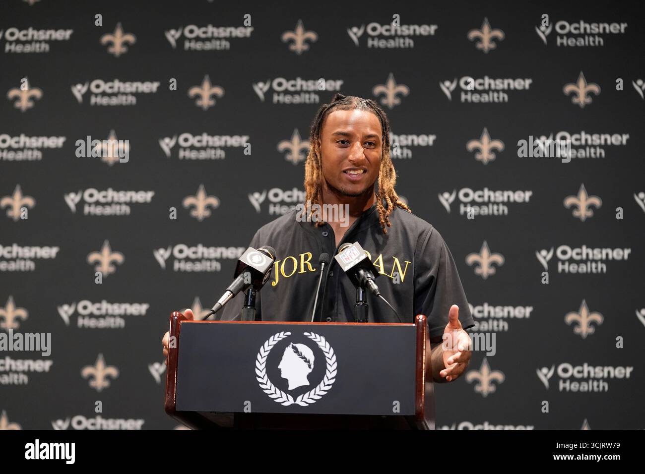 New Orleans Saints safety Justin Reid talks to reporters after an NFL ...