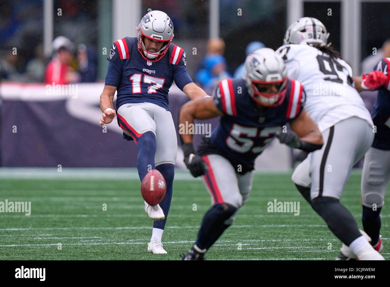 New England Patriots punter Bryce Baringer (17) kicks the ball during ...