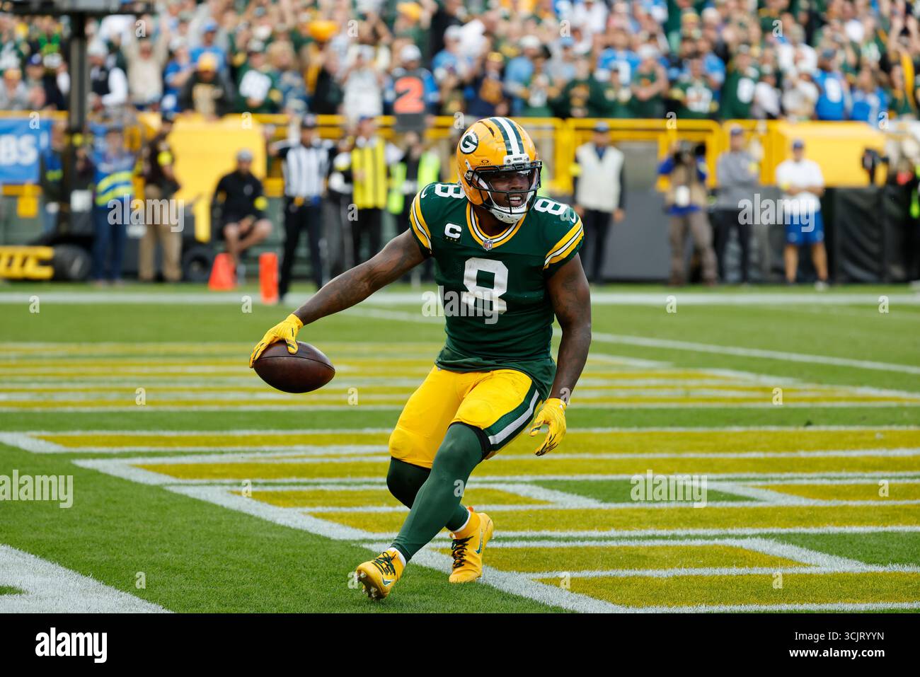 Green Bay Packers running back Josh Jacobs (8) during an NFL football game Sunday, Sept. 7, 2025 ...