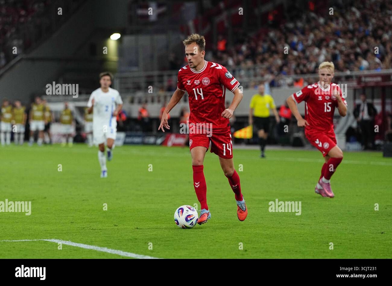 September 08 2025: Mikkel Damsgaard of Denmark controls the ball during ...