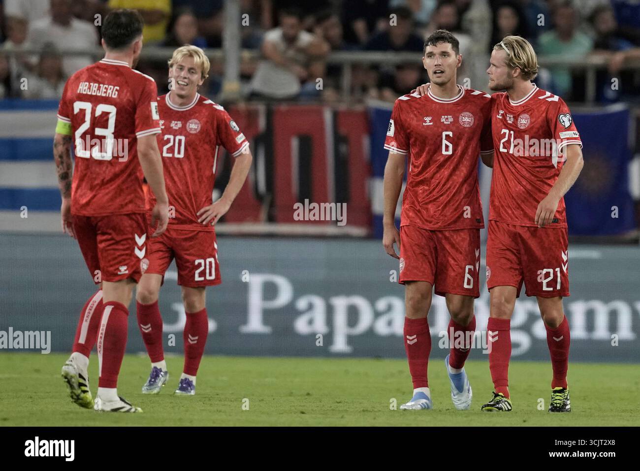 Danish players celebrate after a goal during a World Cup qualifying ...