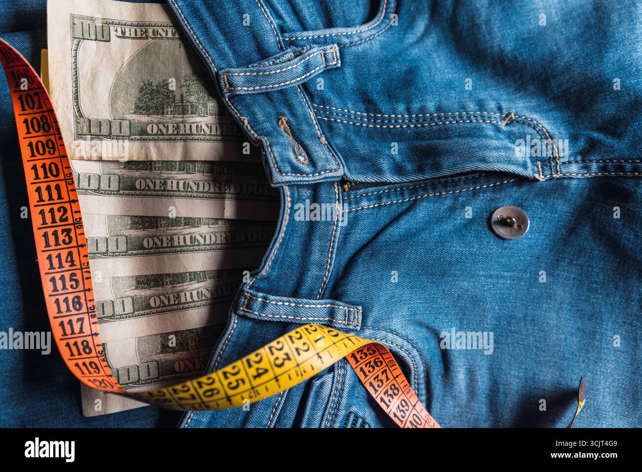 Close-up of blue denim jeans with pocket textures and seam details and ...
