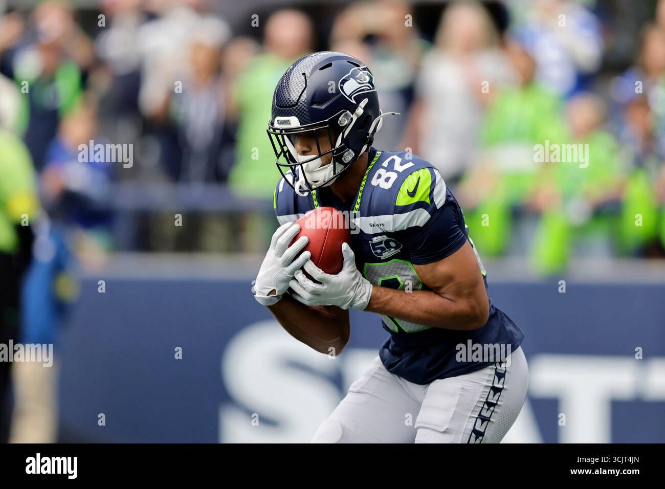 Seattle Seahawks wide receiver Cody White (82) catches the kickoff ...