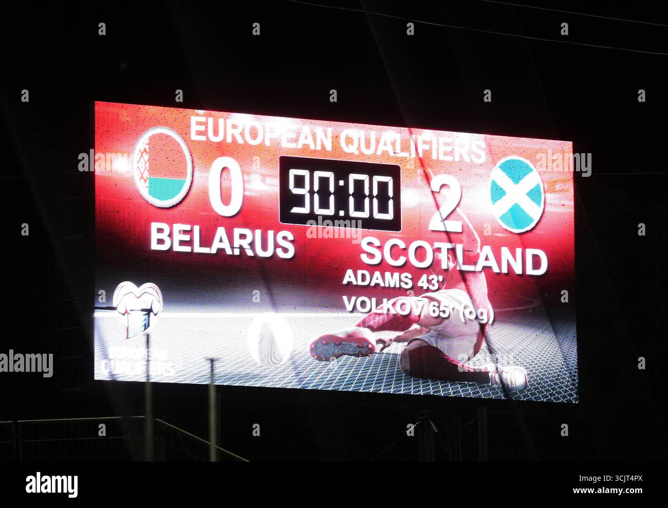 A general view of the scoreboard at full time reading Belarus 0-2 ...