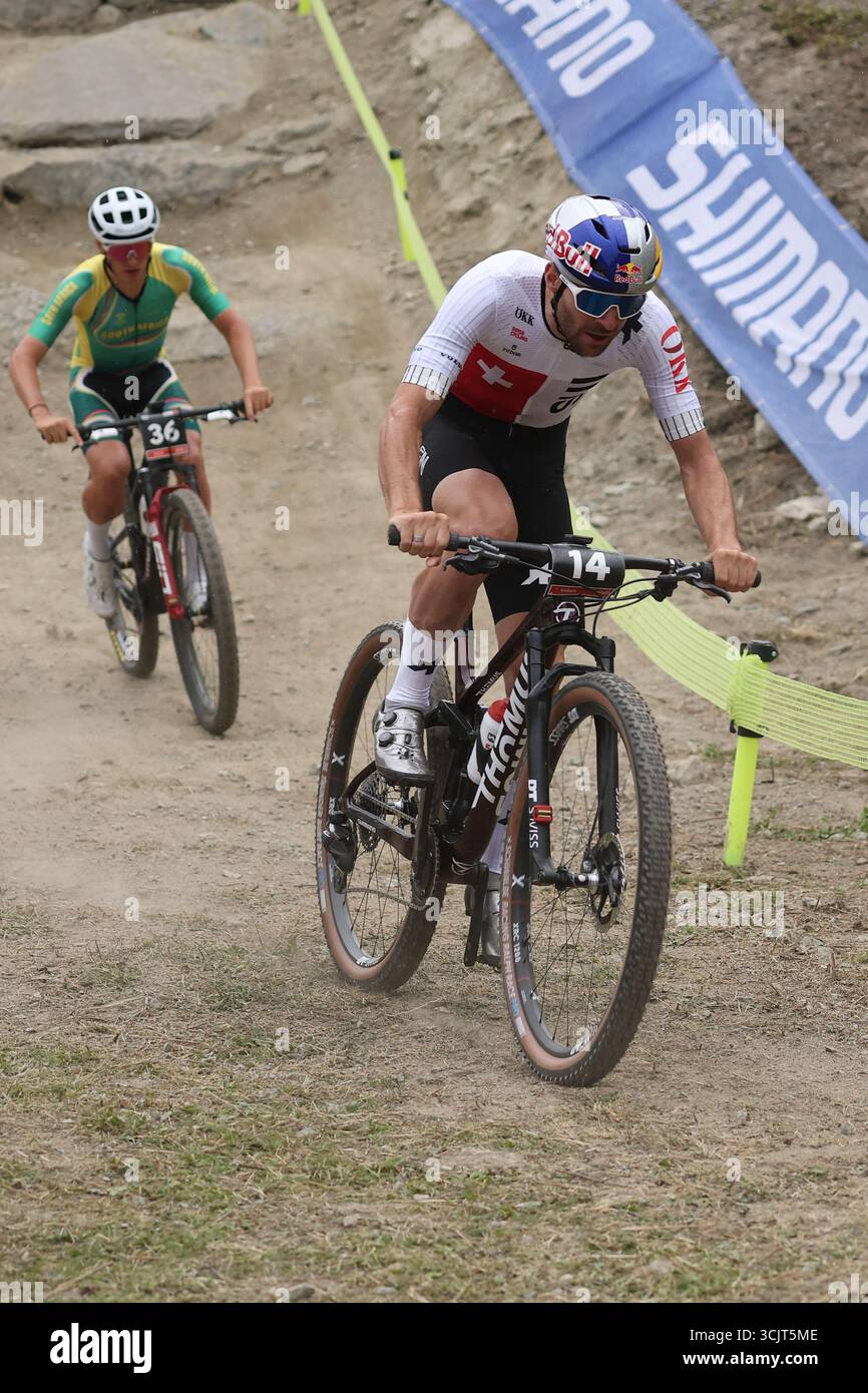 08/09/2025, Zermatt, Valais 2025 UCI Mountain Bike World Championships, Lars Forster #14 (SUI ...