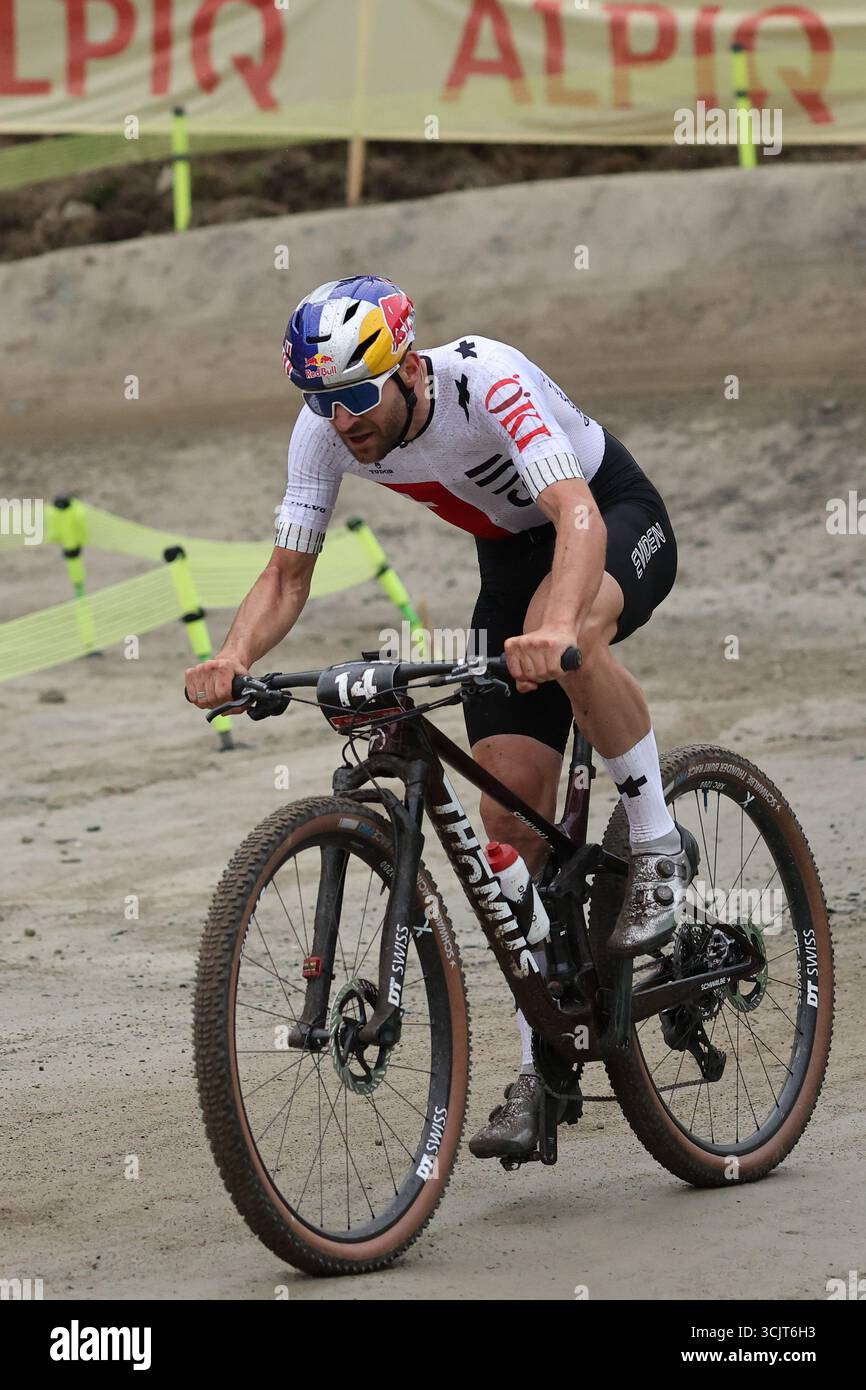 08/09/2025, Zermatt, Valais 2025 UCI Mountain Bike World Championships, Lars Forster #14 (SUI ...