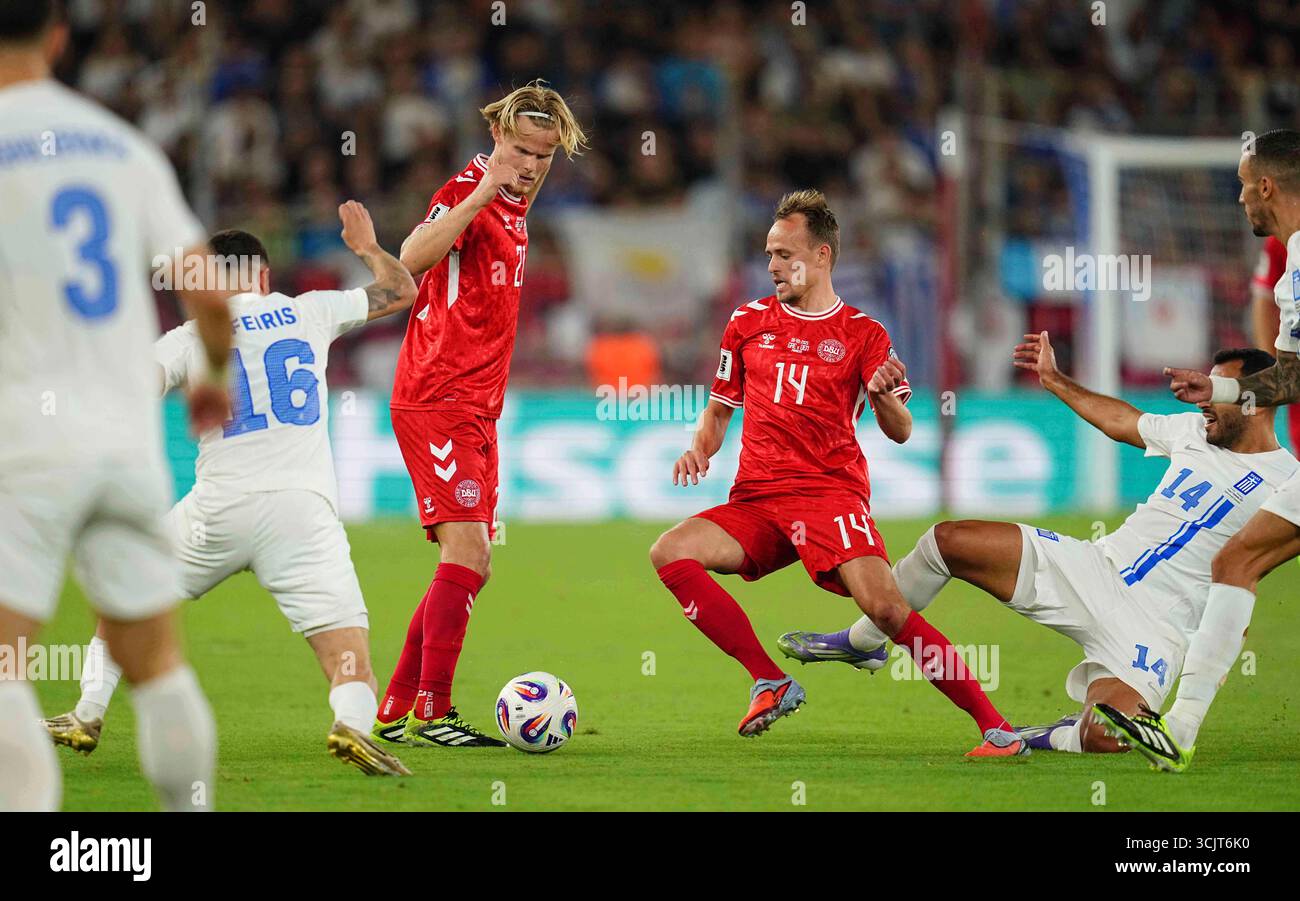September 08 2025: Mikkel Damsgaard of Denmark controls the ball during ...