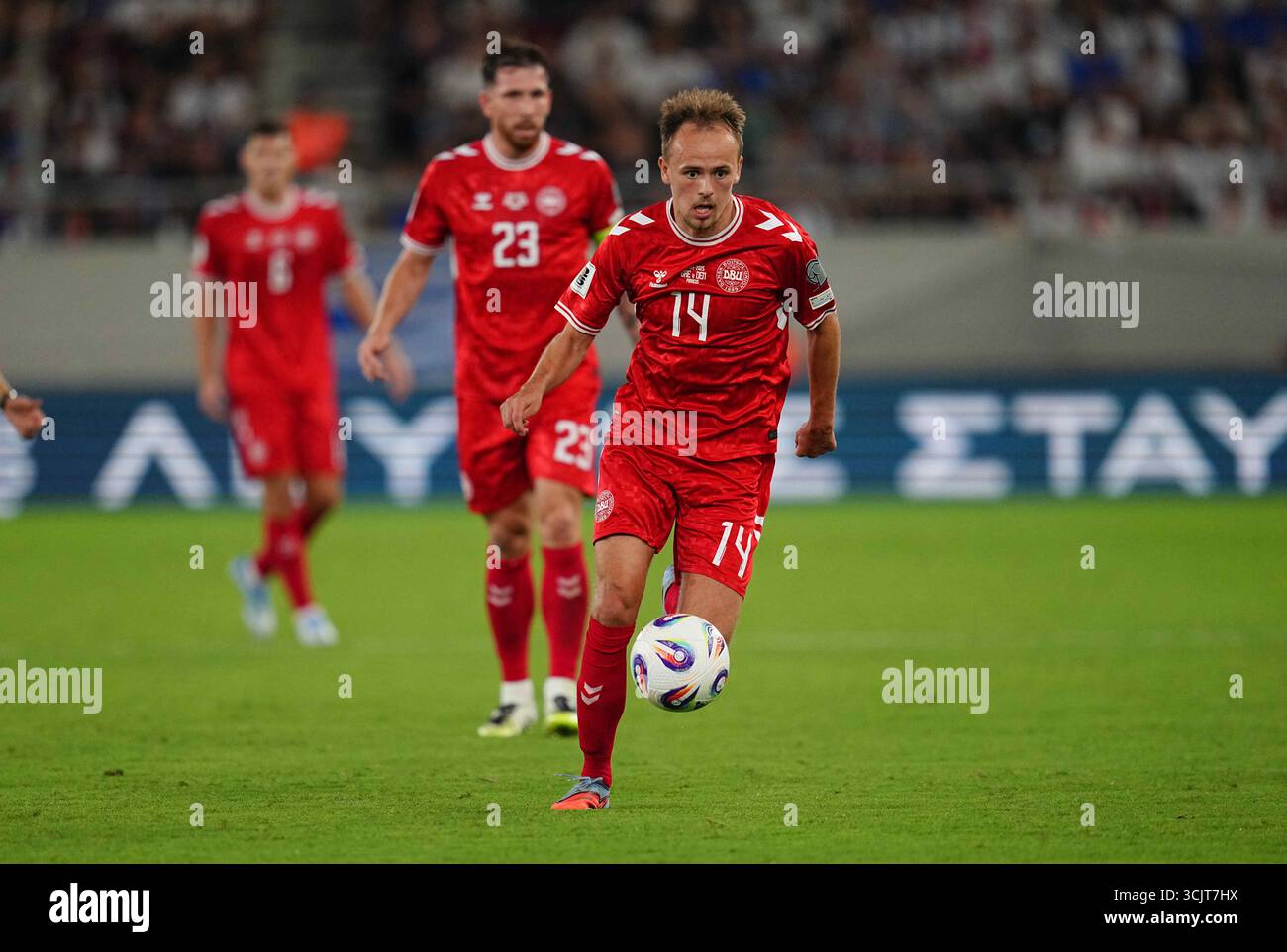 September 08 2025: Mikkel Damsgaard of Denmark controls the ball during ...