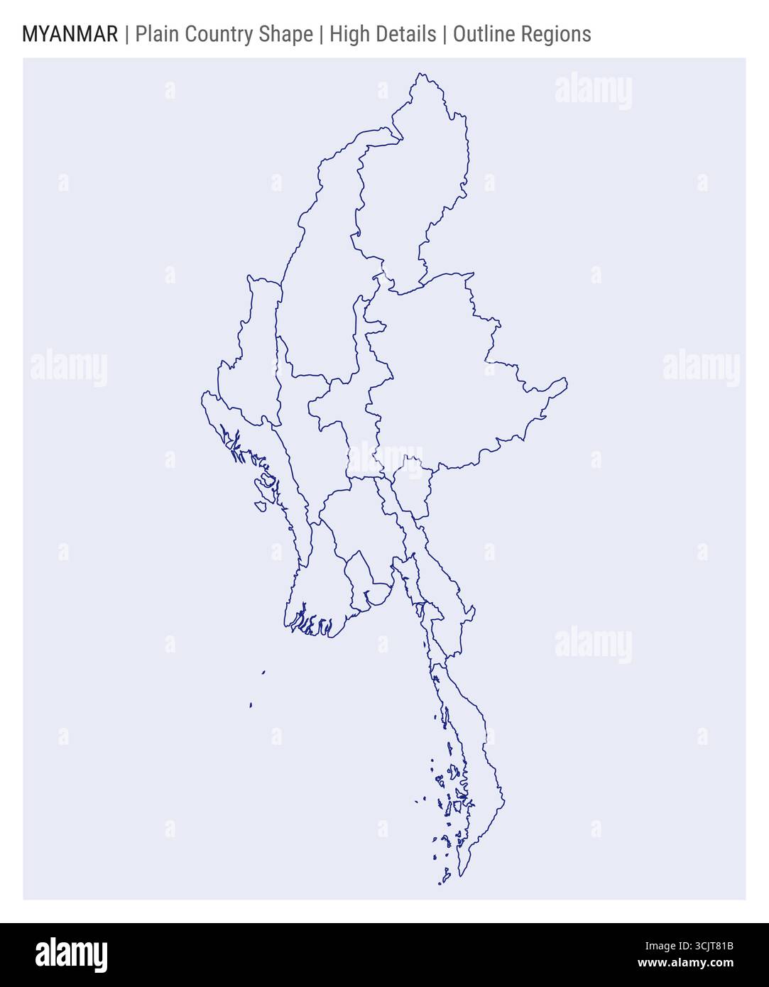 Myanmar plain country map. High details. Outline regions style. Shape ...