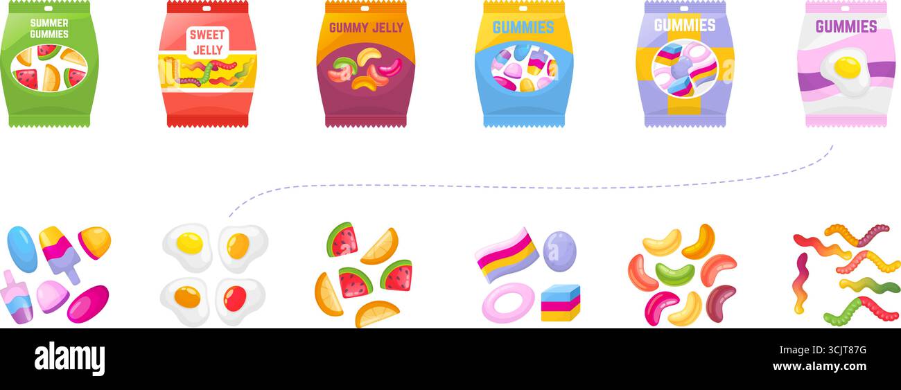 Match correct packaging and candies. Sweets juicy gummies and jellies ...