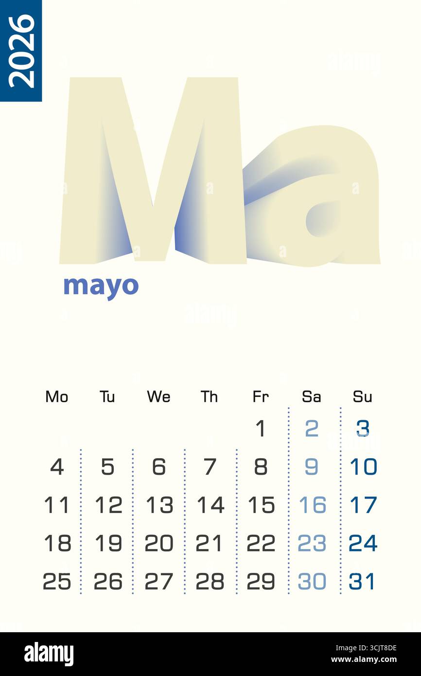 Minimalist calendar template for May 2026, vector calendar in Spanish ...