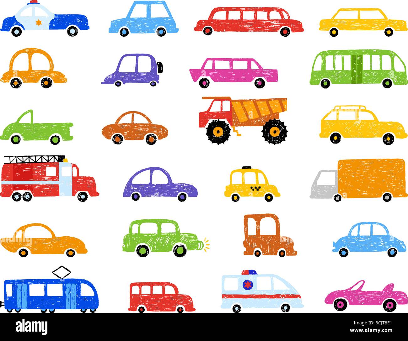 Hand drawn transport. Personal vehicle, bus, ambulance police taxi fire ...