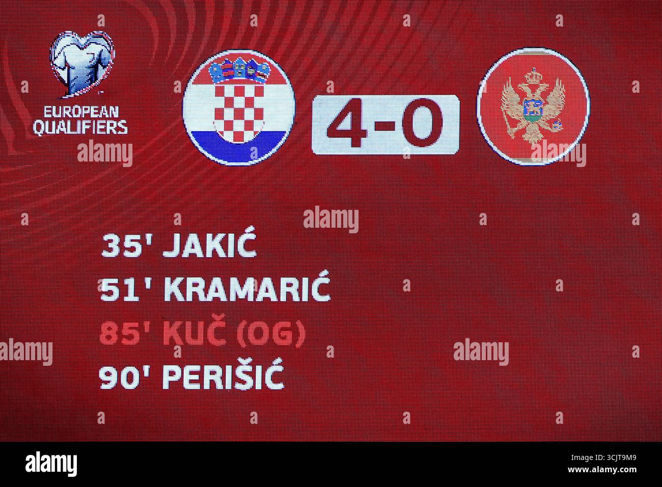 The scoreboard with the final score 4:0 during the during the FIFA ...