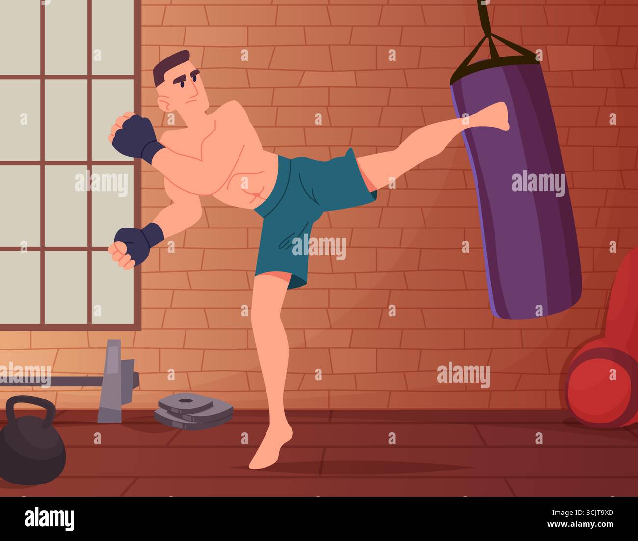 Martial arts training. aggressive man leg kicks sports bag in training ...