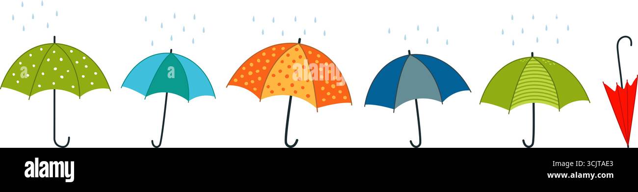 Cartoon isolated umbrellas. Different umbrella with decorations, polka ...