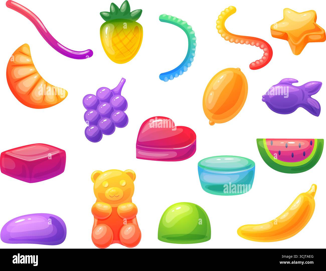 Cartoon jelly candies. Sweet gummies, fruit juice gummy different ...