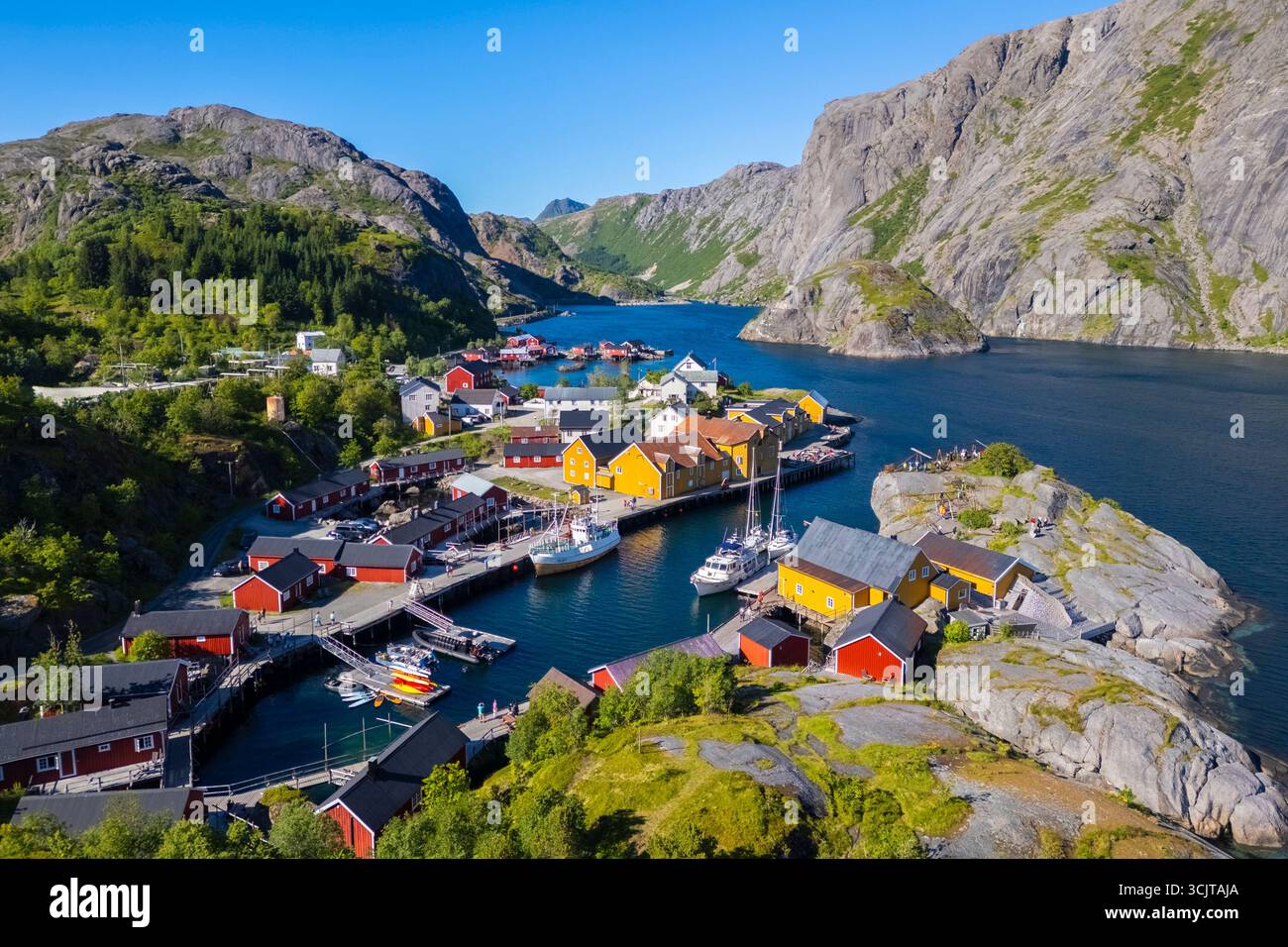 Aerial view of the typical old fishermen's village of Nusfjord in ...