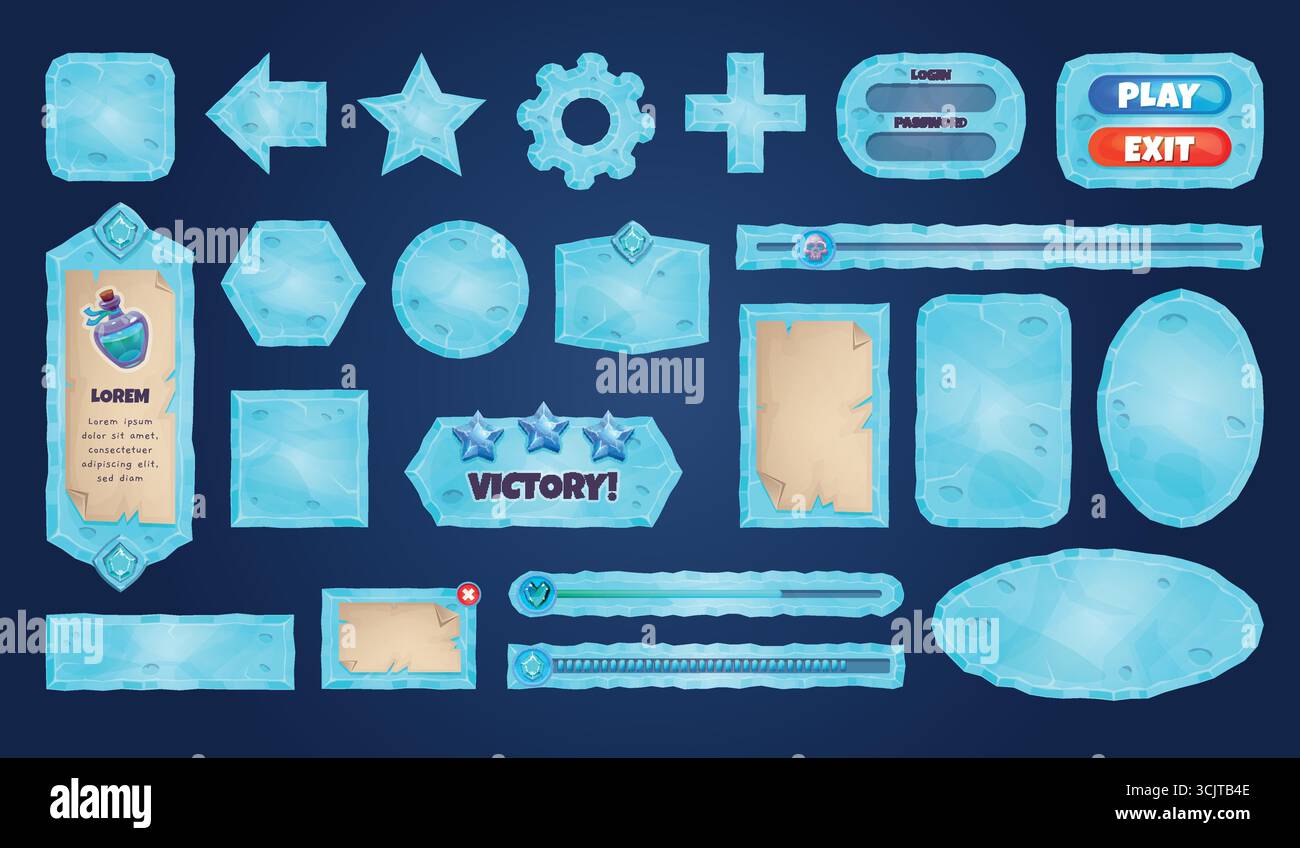 Ice game ui. Frozen water menu blocks, winter buttons loading bars iced ...