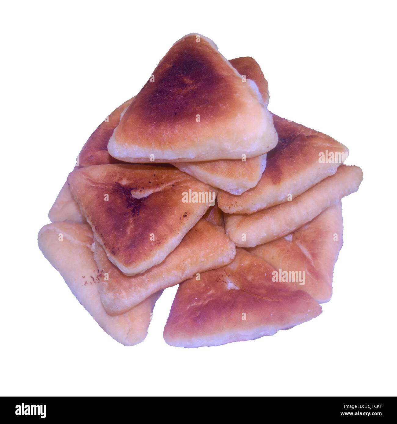 Triangular fried pies with chicken meat and onions isolate on a white ...
