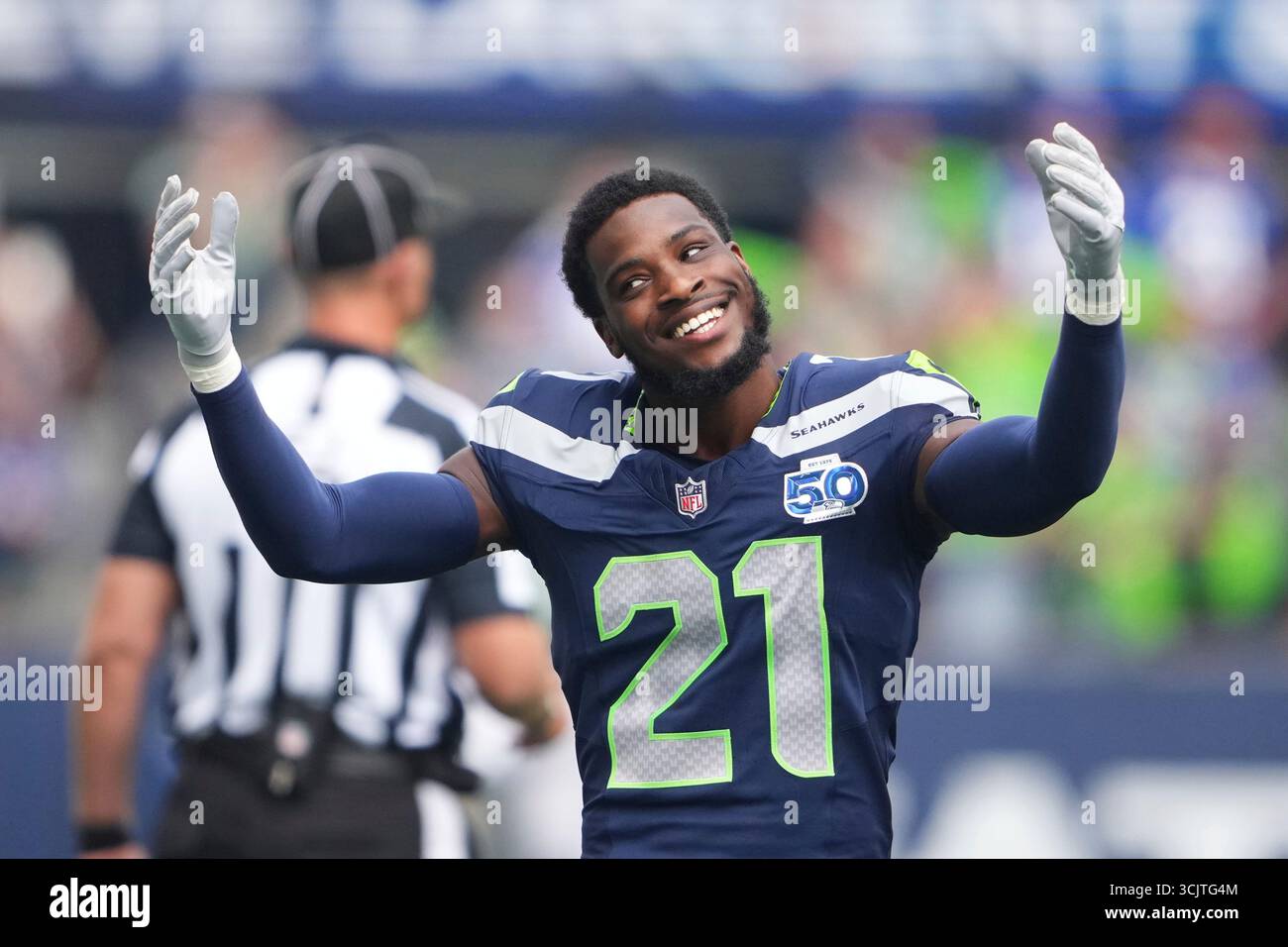 Seattle Seahawks cornerback Devon Witherspoon reacts before an NFL ...
