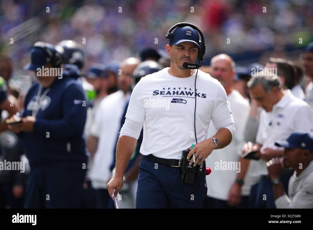 Seattle Seahawks head coach Mike Macdonald stands on the sideline ...