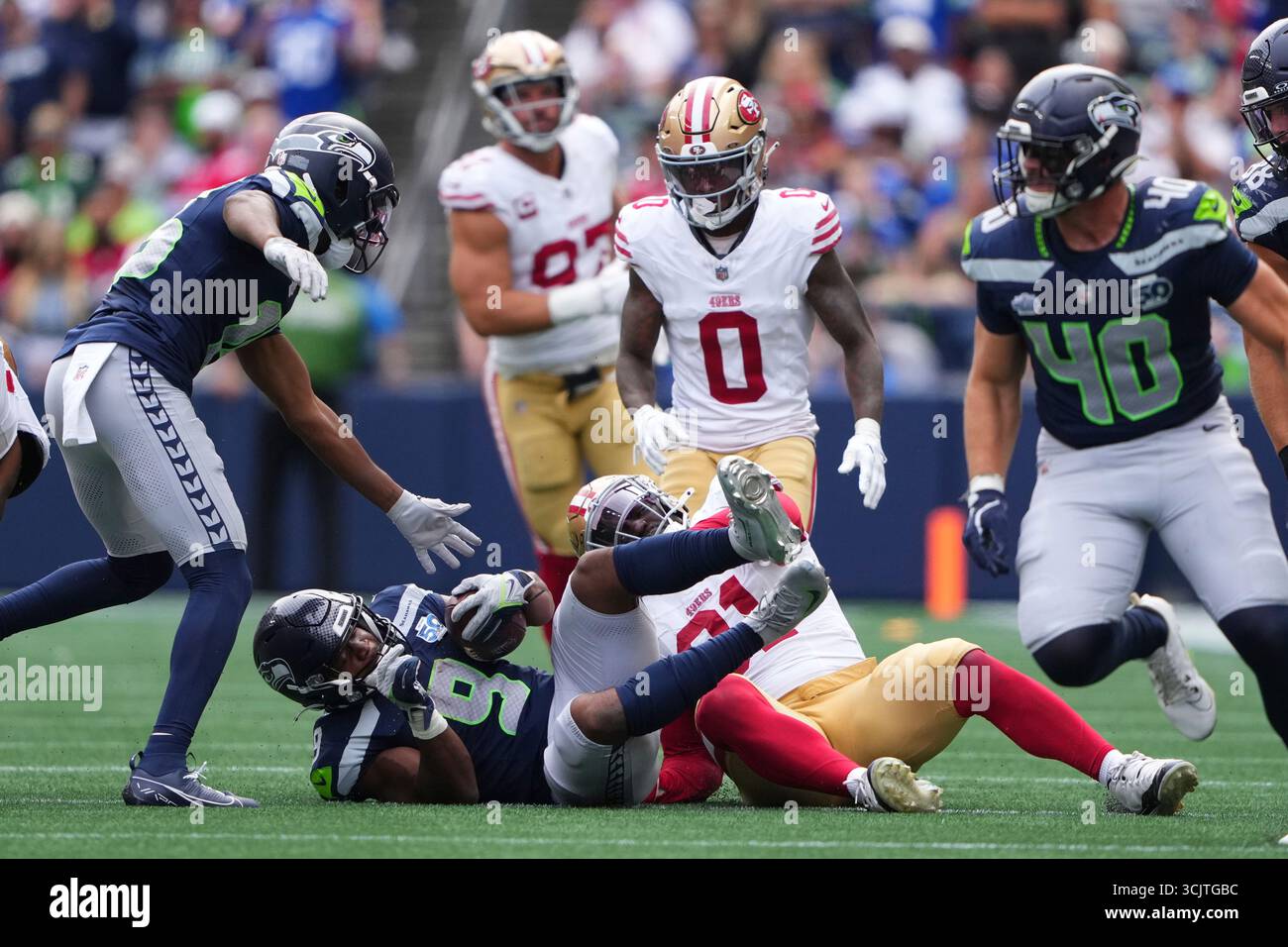 Seattle Seahawks running back Kenneth Walker III (9) is tackled by San ...