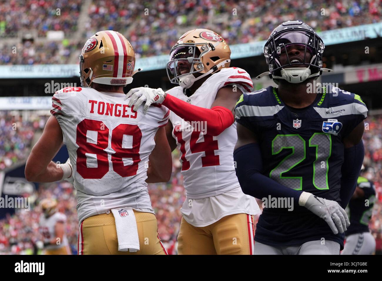San Francisco 49ers tight end Jake Tonges (88) celebrates his touchdown ...
