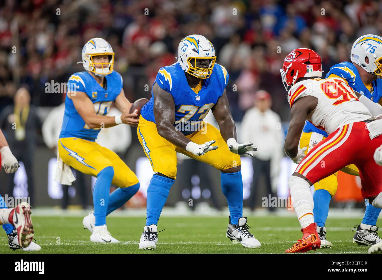 Los Angeles Chargers guard Mekhi Becton (73) blocks against the Kansas ...