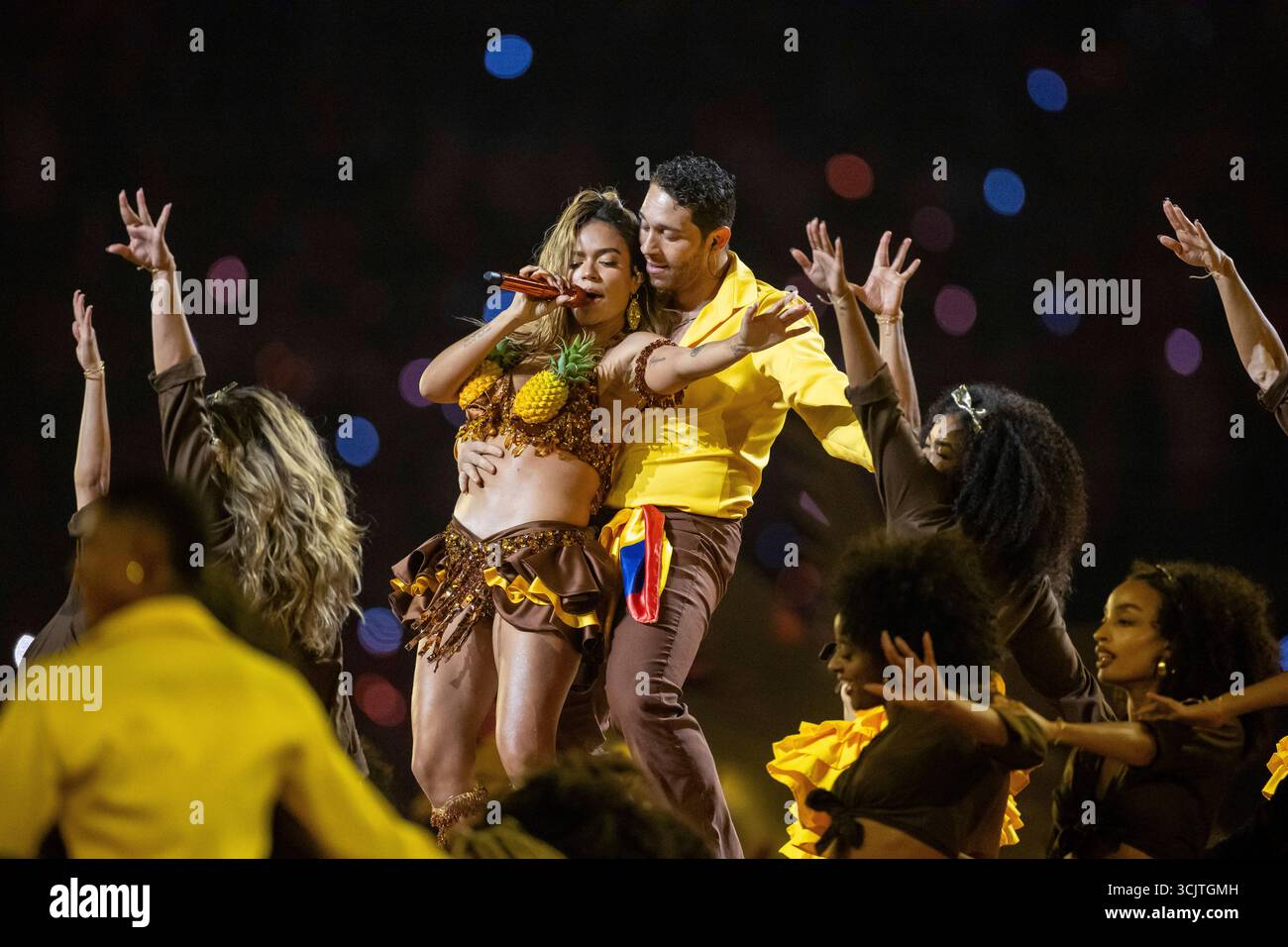 Karol G performs during halftime of the Los Angeles Chargers against ...