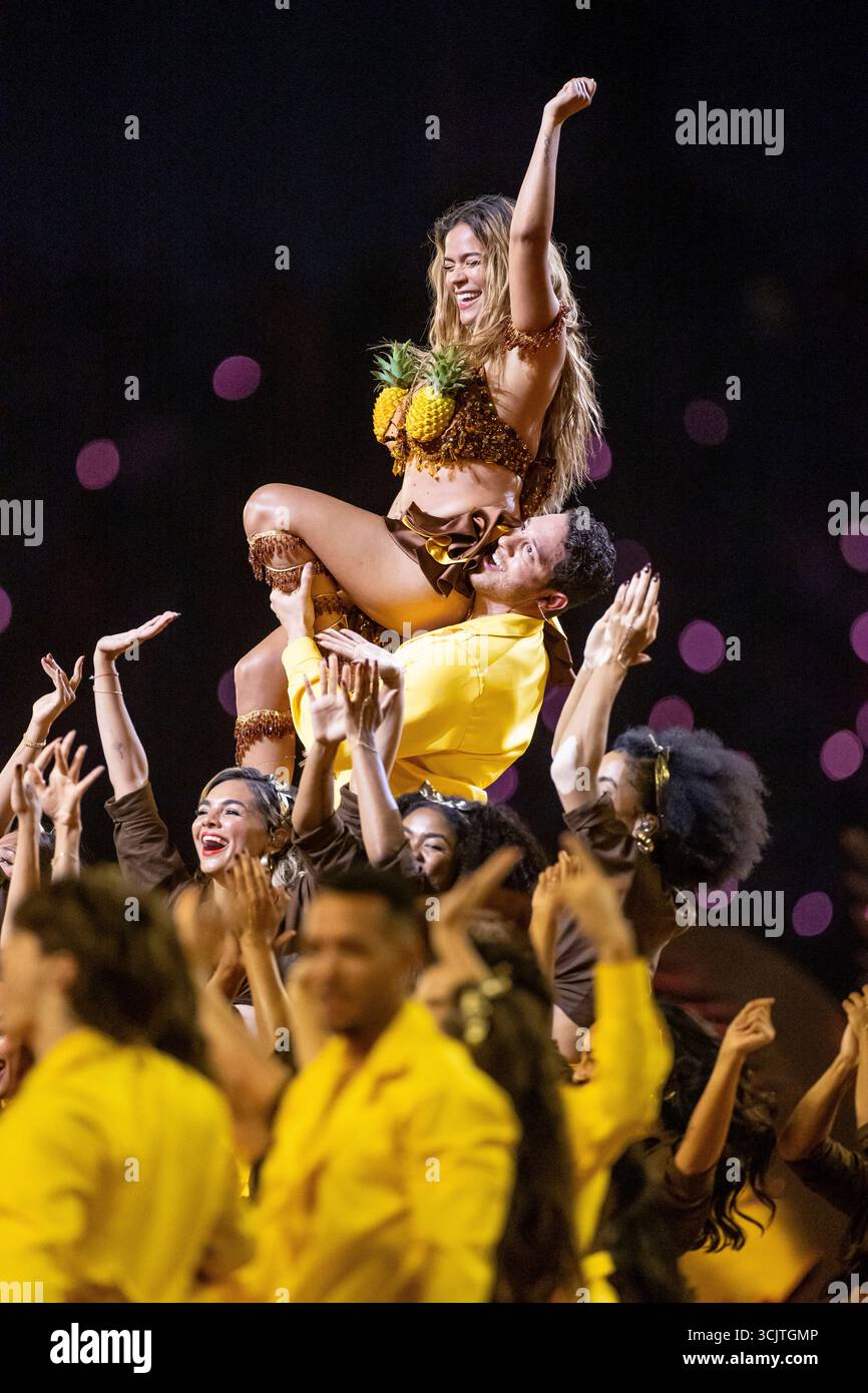 Karol G performs during halftime of the Los Angeles Chargers against ...